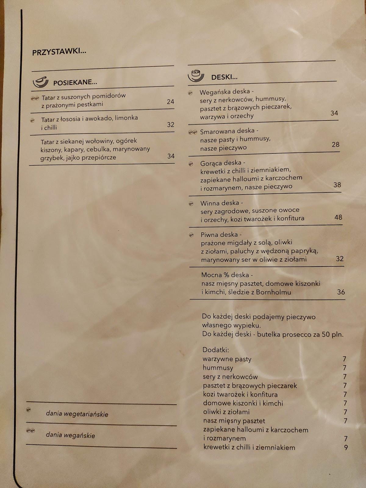 Menu at Fort Bistro restaurant, Warsaw