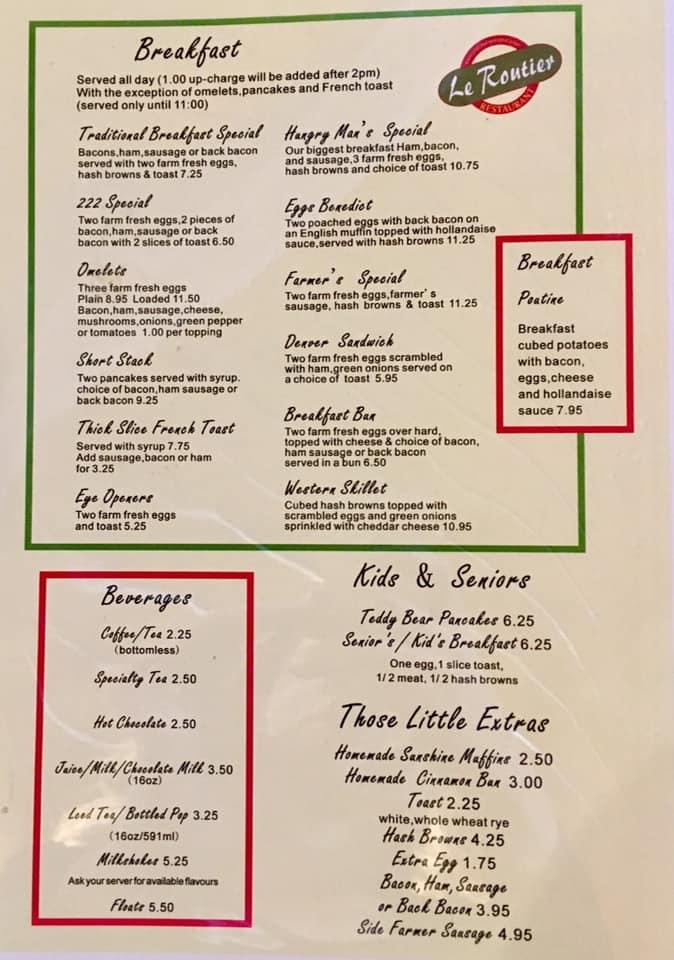 Menu at Le Routier Restaurant, St-Pierre-Jolys