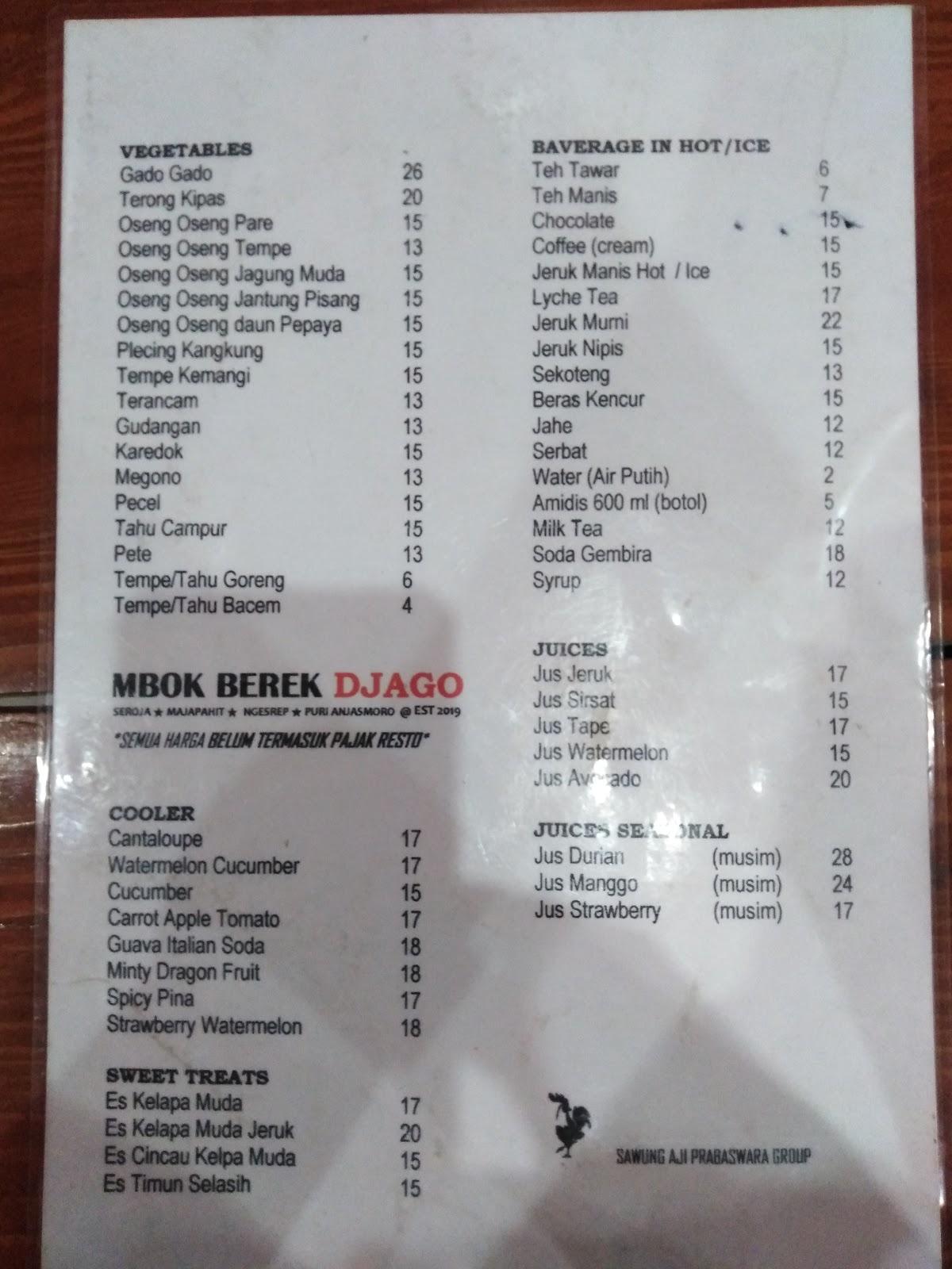 Menu at Mbok Berek Ekarini DJAGO - Majapahit restaurant, Semarang