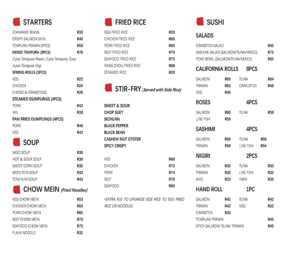 Menu at Nippon Sushi restaurant, Cape Town