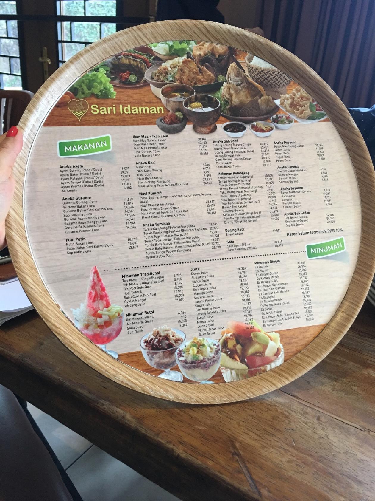 Menu at Sari Idaman restaurant, Jakarta