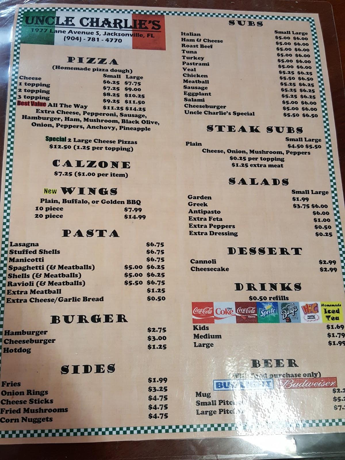 Menu at Uncle Charlie's Sandwiches Inc pizzeria, Jacksonville