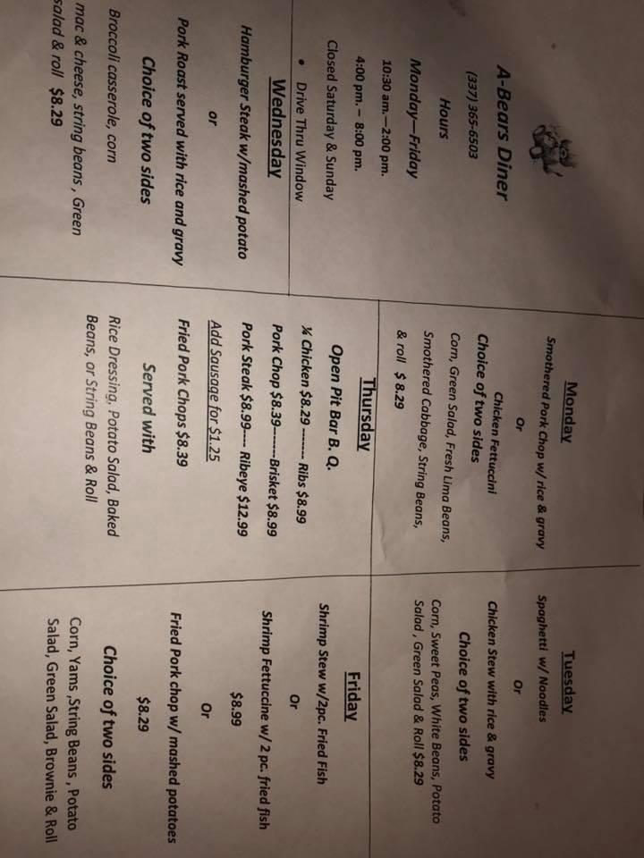 Menu at A-Bear's Diner restaurant, New Iberia