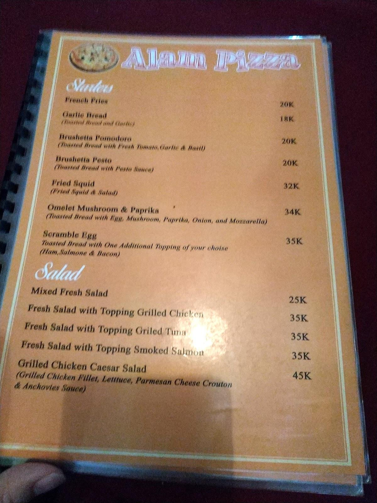Menu at Alam pizza restaurant, Ubud