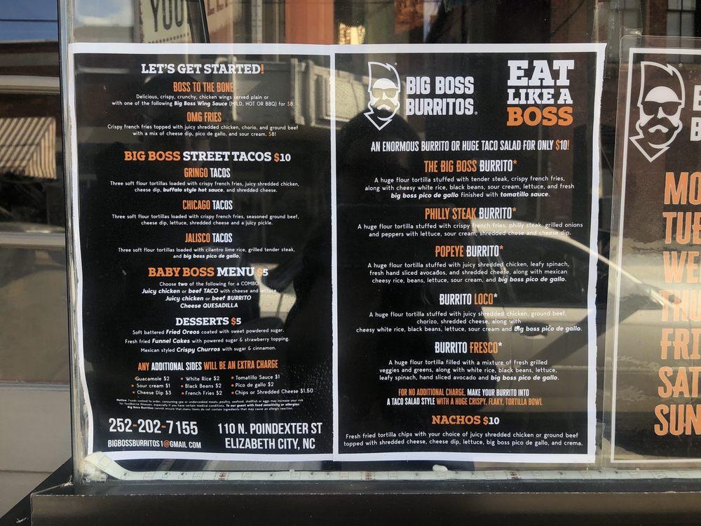 Menu at Big Boss Burritos restaurant, Elizabeth City