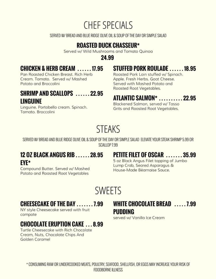 Menu at Bistro 29 restaurant, Murphy