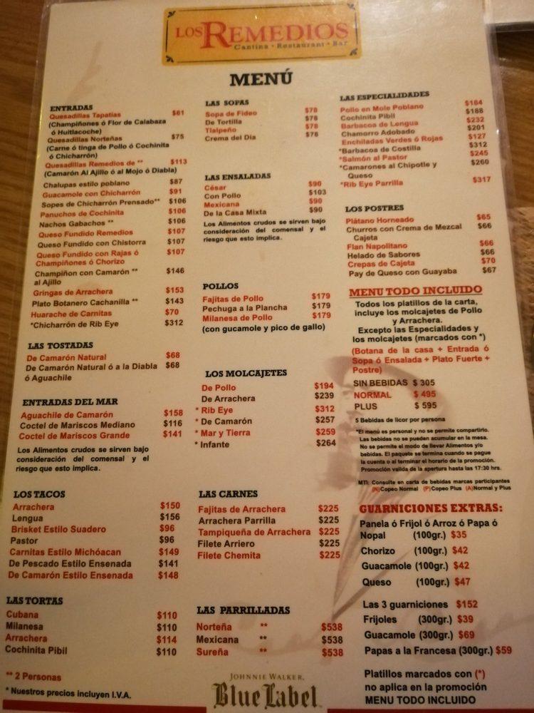 Carta del pub y bar Los Remedios Tijuana, Tijuana, Av. Diego Rivera 2479