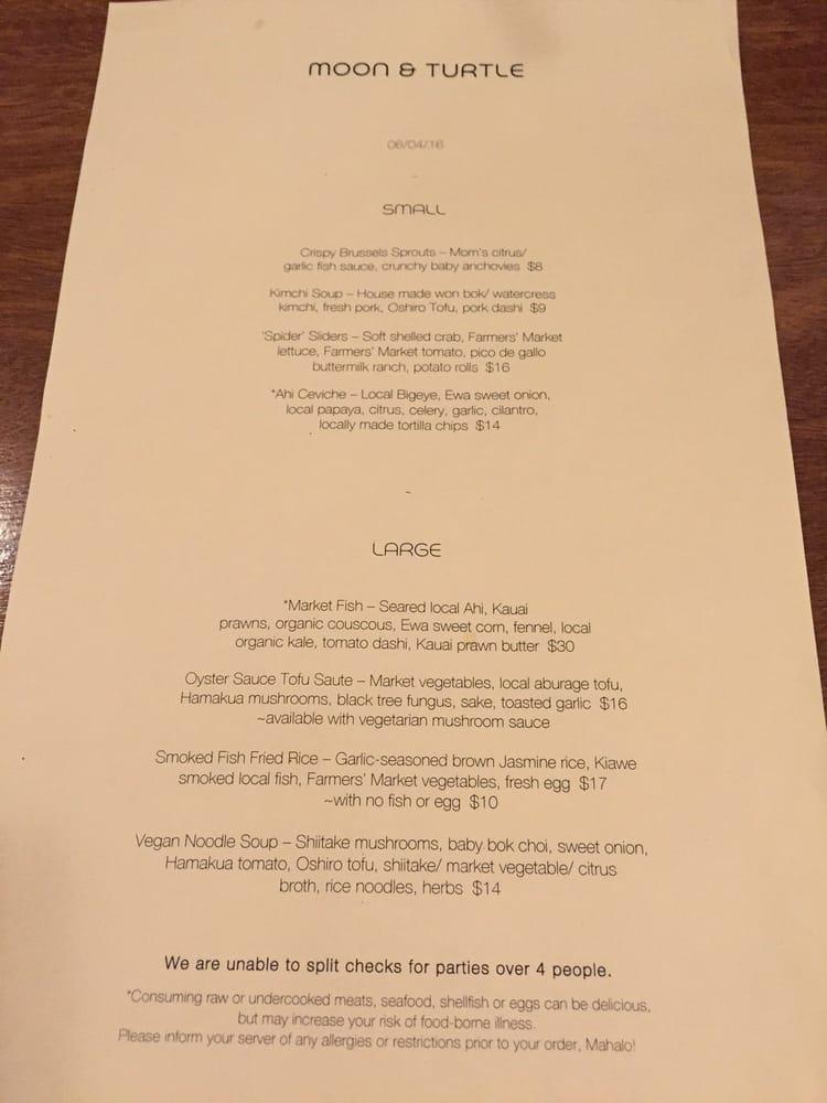 Menu at Moon and Turtle pub & bar, Hilo