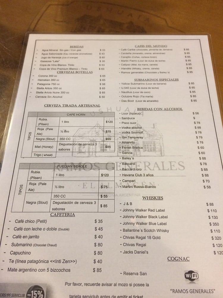 Menu at Ramos Generales El Almacén restaurant, Ushuaia