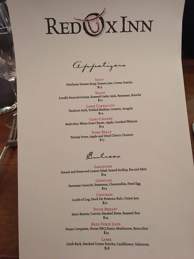 Menu at Red Ox Inn restaurant, Edmonton