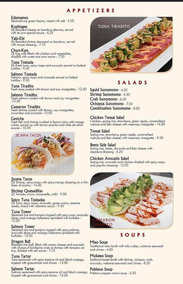 Menu at Tensai restaurant, Laredo