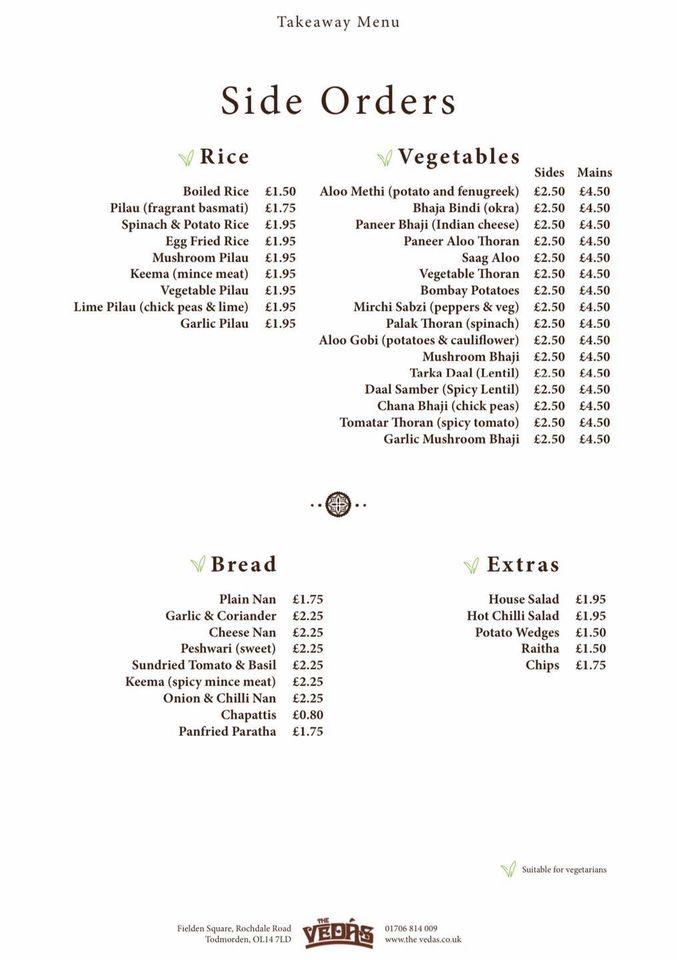 Menu at The Vedas restaurant, Todmorden