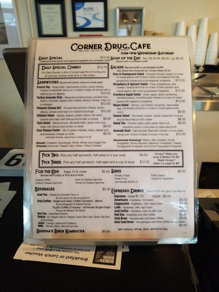 Menu at Corner Drug Cafe, Clifton