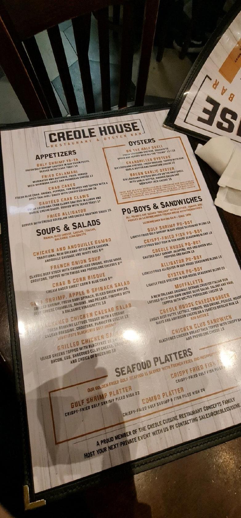 Menu at Creole House Restaurant & Oyster Bar, New Orleans
