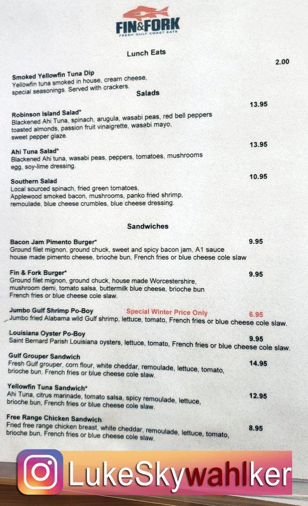 Menu at Fin & Fork restaurant, Pensacola