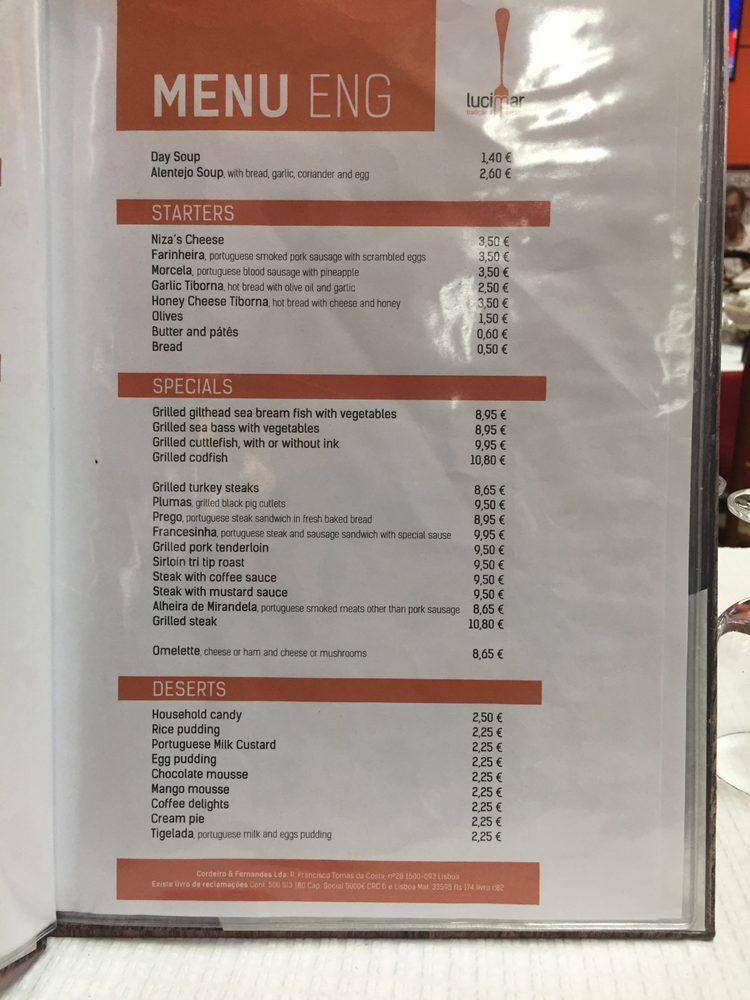 Menu em Lucimar restaurante, Lisboa, Rua Francisco Tomás da Costa