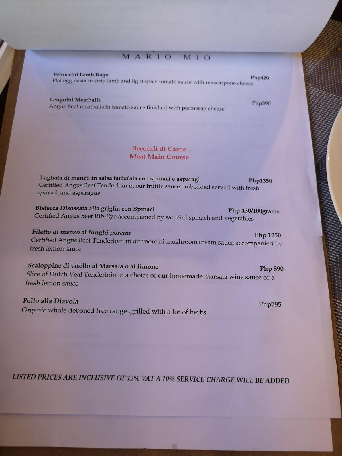 Menu at Mario Mio restaurant, Silang, 5XV7+3HF