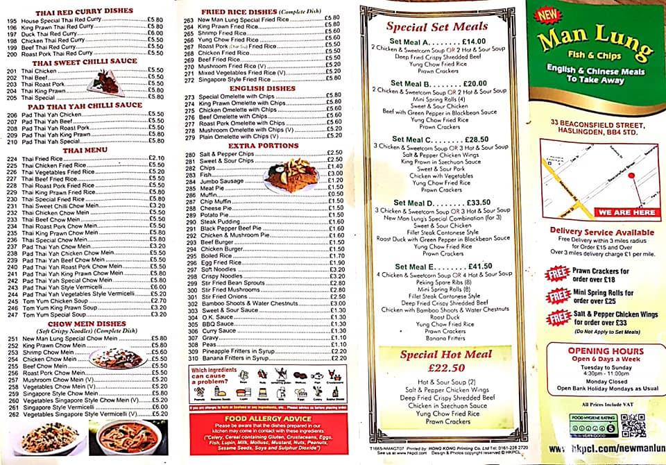 Menu at New Man Lung fast food, Rawtenstall
