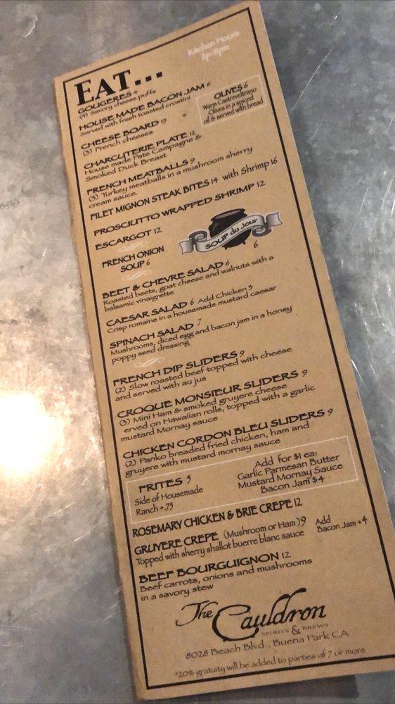 Menu at The Cauldron Spirits and Brews pub & bar, Buena Park