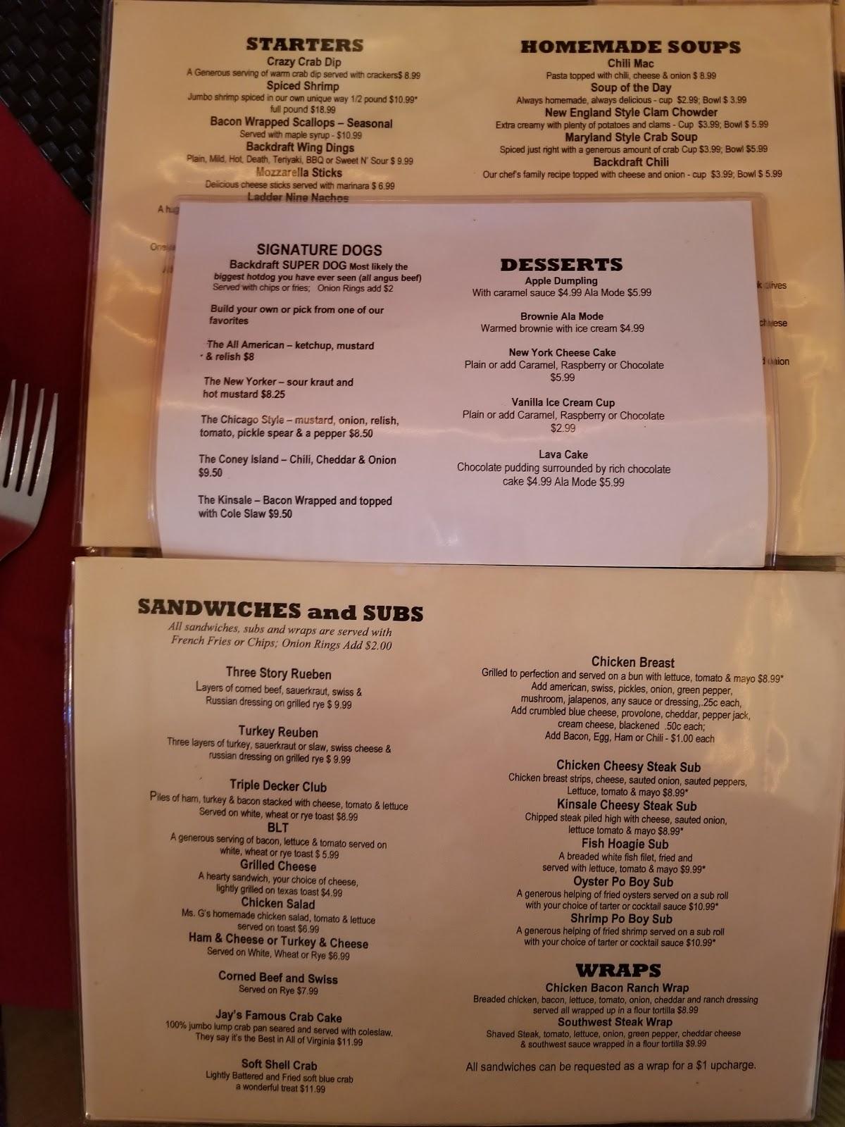 Menu at Backdraft steakhouse, Kinsale, Oldhams Rd
