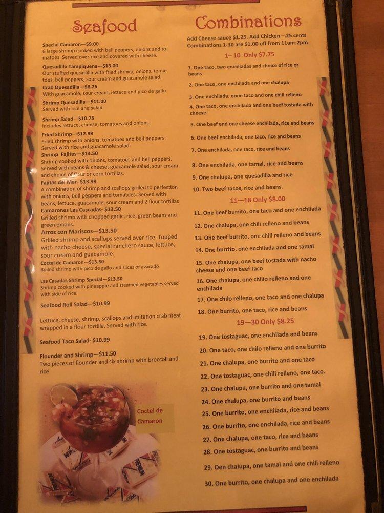 Menu at Las Cascadas restaurant, Ninety Six