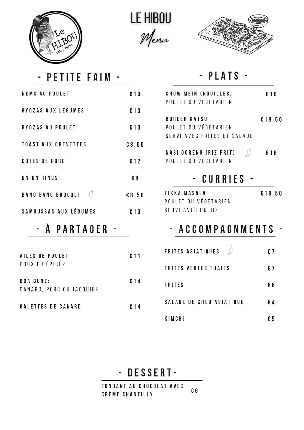 Menu at Le Hibou pub & bar, Val-d'Isère