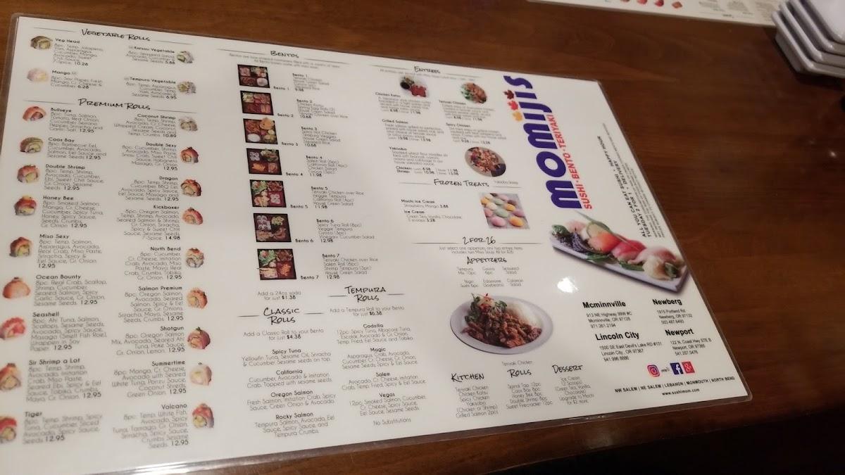 Menu at Momijis Sushi Bar & Chinese Cuisine, Newberg