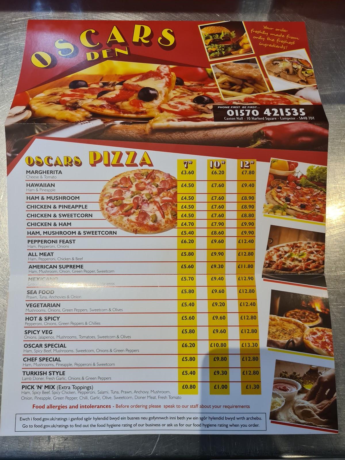 Menu at Oscar’s Den restaurant, Lampeter, College St