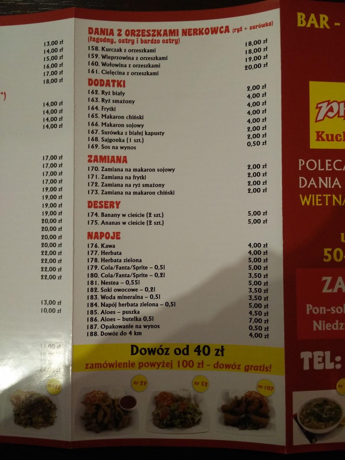 Menu at Bar Pho Viet, Wrocław