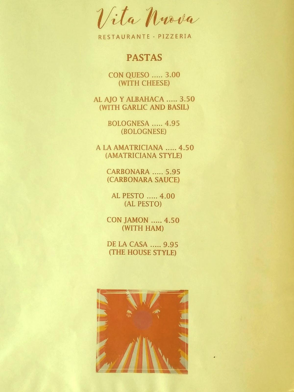 Menu at Vita Nuova restaurant, Havana