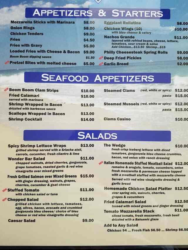 Menu at Wonder Bar, Atlantic City