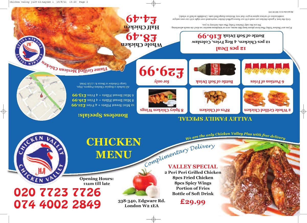Carta del restaurante Chicken Valley, Londres, 340 Edgware Rd