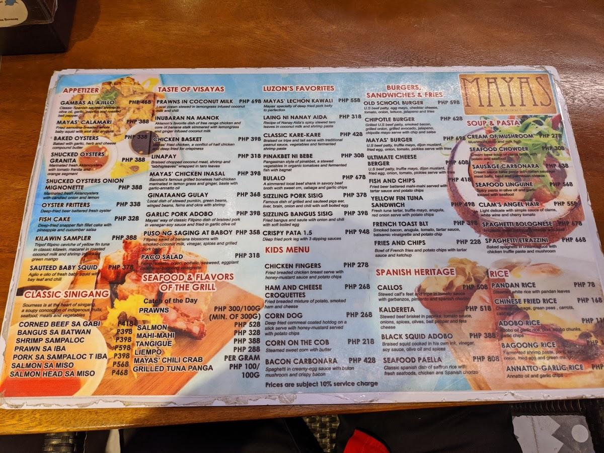 Menu at Mayas Filipino & Mexican Cuisine restaurant, Malay