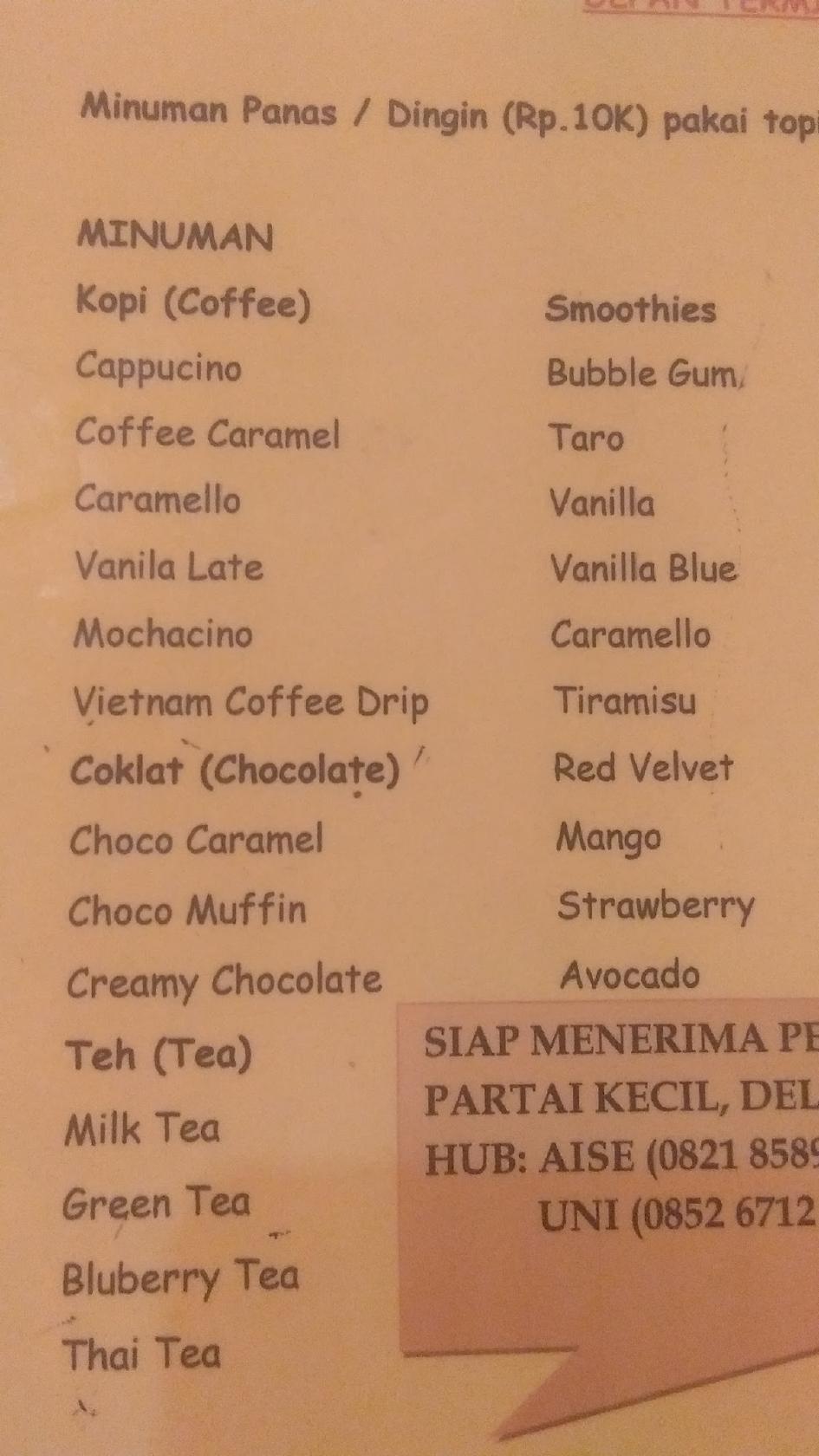 Menu at Nine Coffee cafe, Timbangan