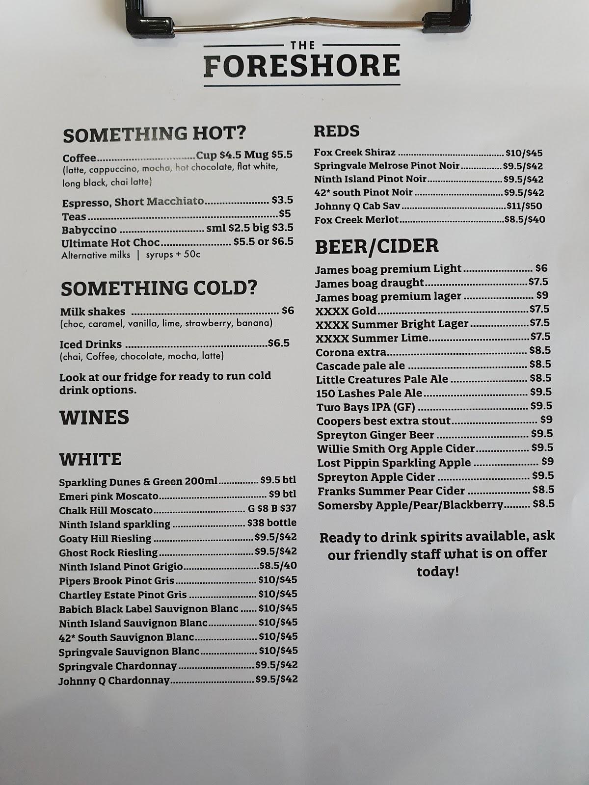 Menu at The Foreshore cafe, Burnie