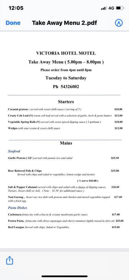 Menu at Victoria Hotel Motel pub & bar, Elmore