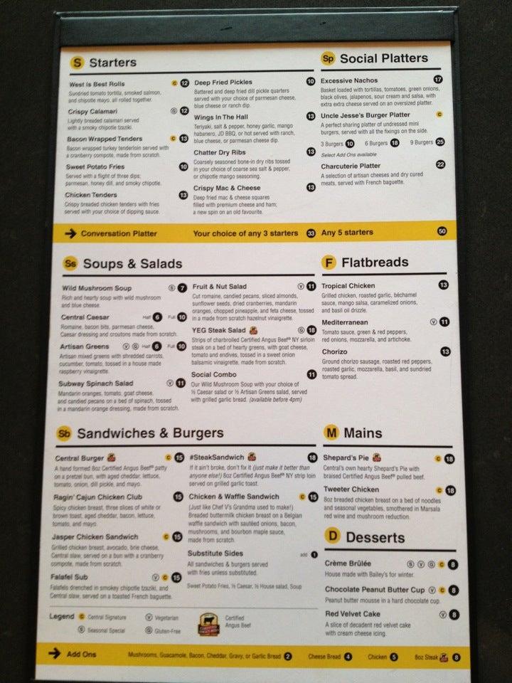 Menu at Central Social Hall pub & bar, Edmonton, Jasper Ave