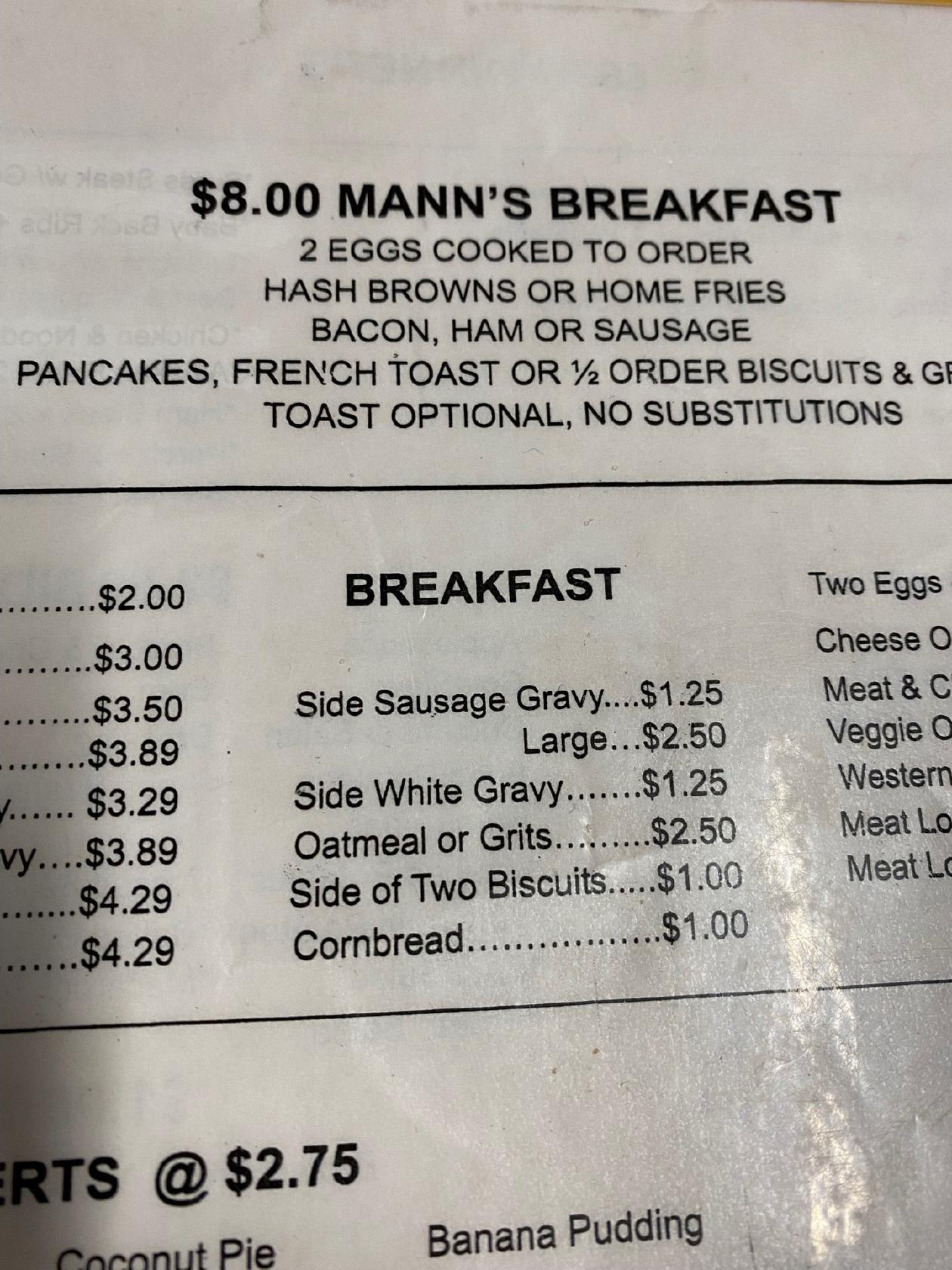 Menu at Mann's Grill restaurant, Indianapolis