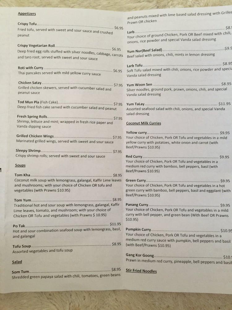 Menu at Vanda Thai restaurant, Walnut Creek