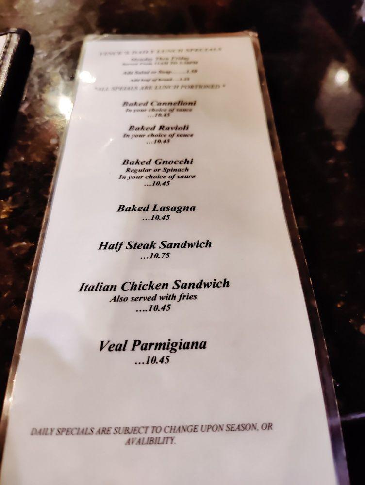 Menu at Vince's restaurant, West Sacramento, 840 Harbor Blvd