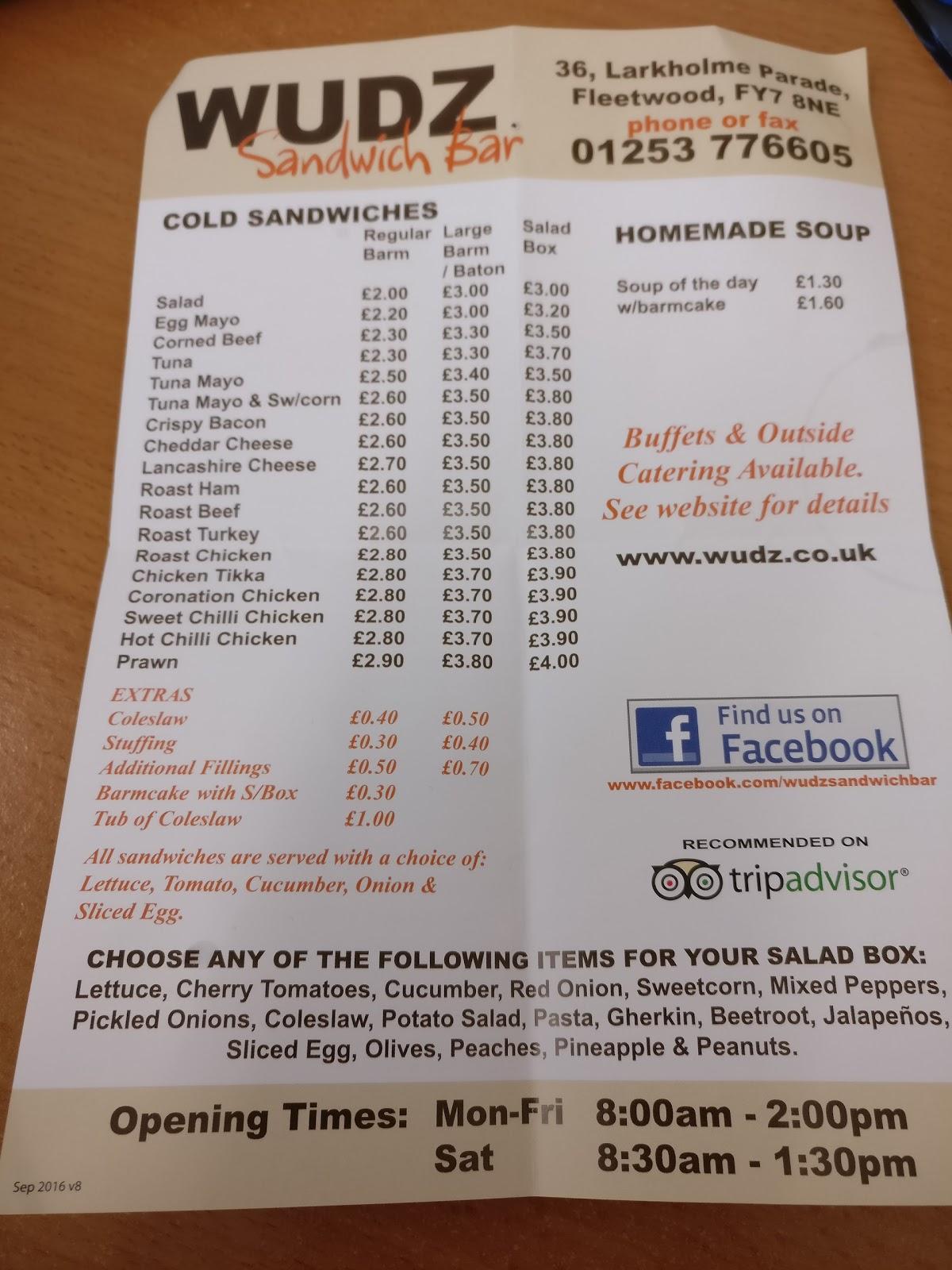 Menu at Wudz Sandwich Bar, Fleetwood