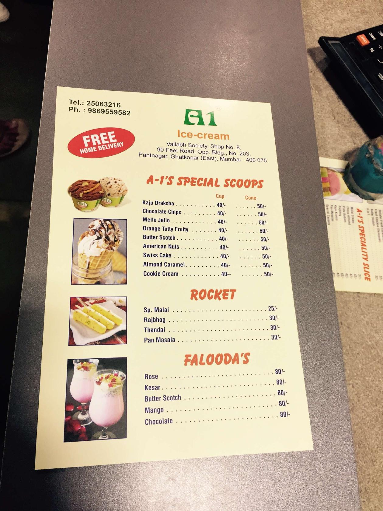 Menu at A1 Ice Cream, Mumbai, Shop Number 8