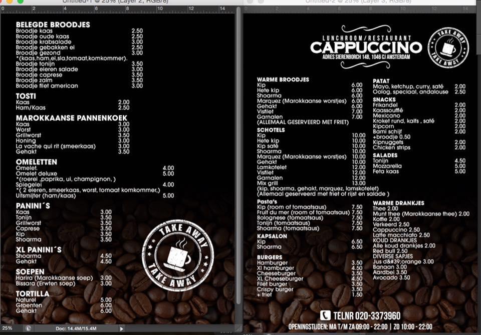 Speisekarte von Cappuccino, Amsterdam, Sierenborch 14B