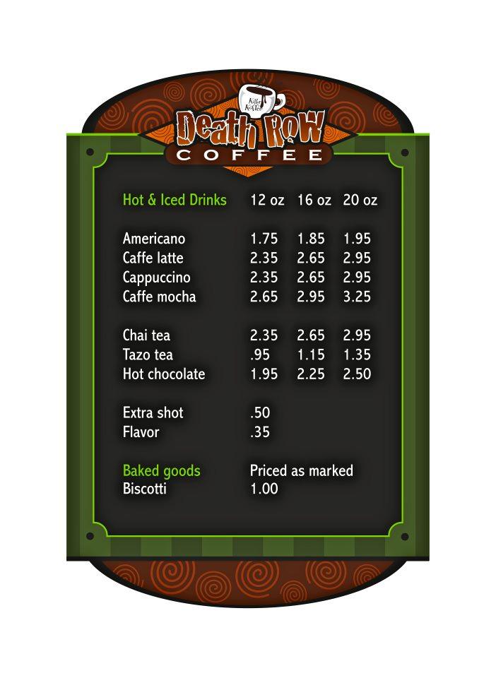 Menu at Death Row Coffee restaurant, Rufus