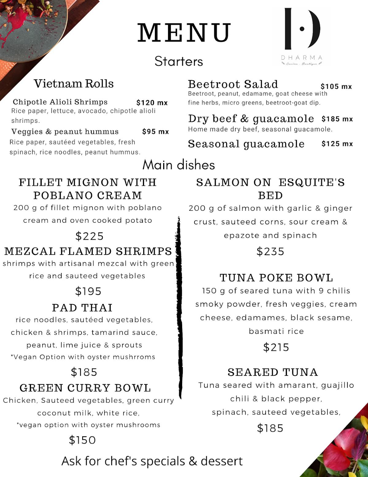 Menu at Dharma Ajijic pub & bar, Ajijic