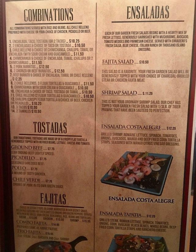 Menu at El Erradero restaurant, Baker City