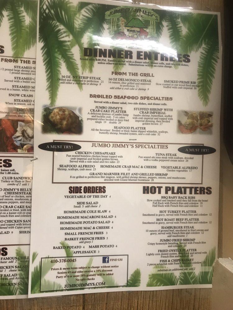 Menu at Jumbo Jimmy's Crab Shack restaurant, Port Deposit