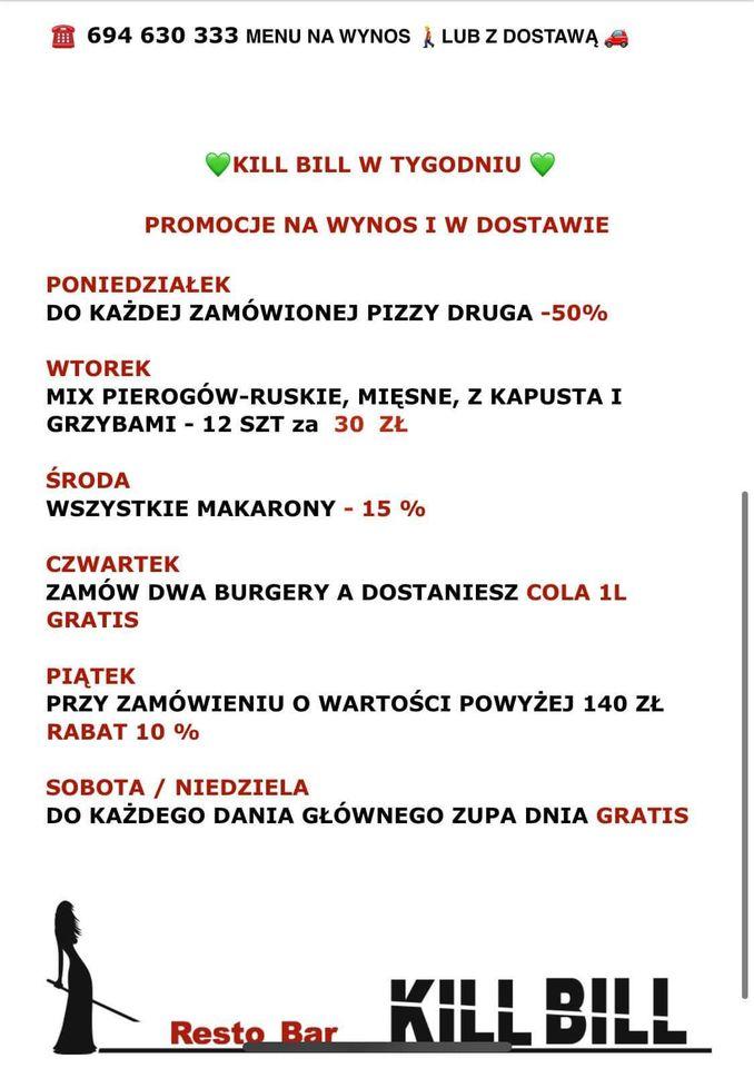 Menu at Resto Bar Kill Bill, Warsaw, Aleja Komisji Edukacji Narodowej 95
