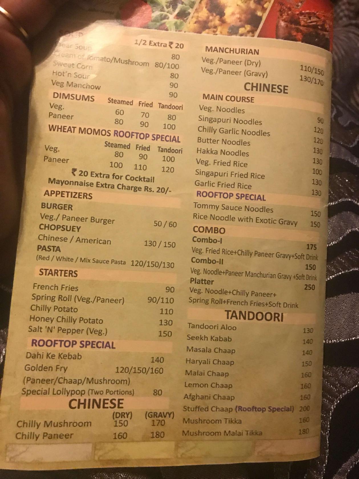 Menu at Rooftop restaurant and cafe, Delhi
