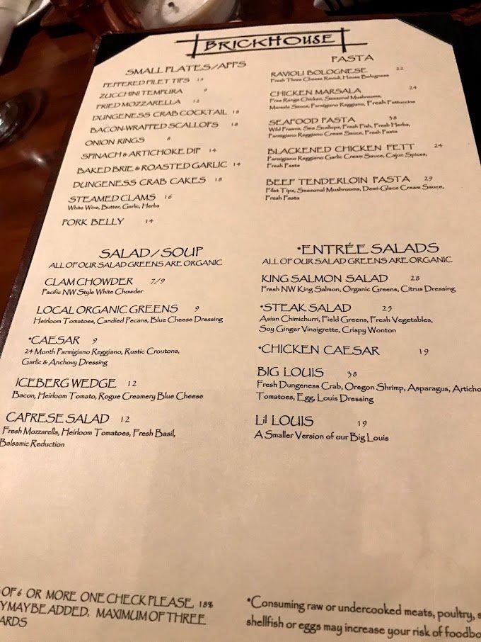 Menu at Brickhouse steakhouse, Redmond